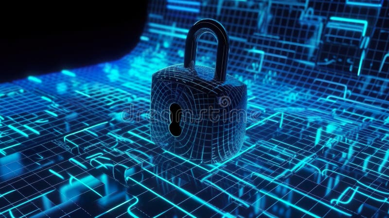 Cyber Security with a Padlock Black and Blue Lock Sign on a Digital ...