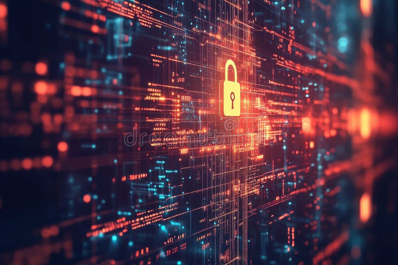 Cyber Security with a Padlock in a Network of Code Stock Illustration ...