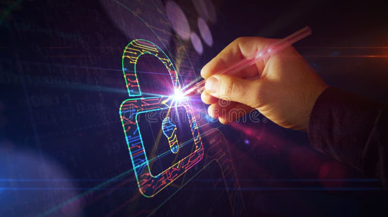 Cyber Security with Padlock Symbol Digital Sketch Stock Illustration ...