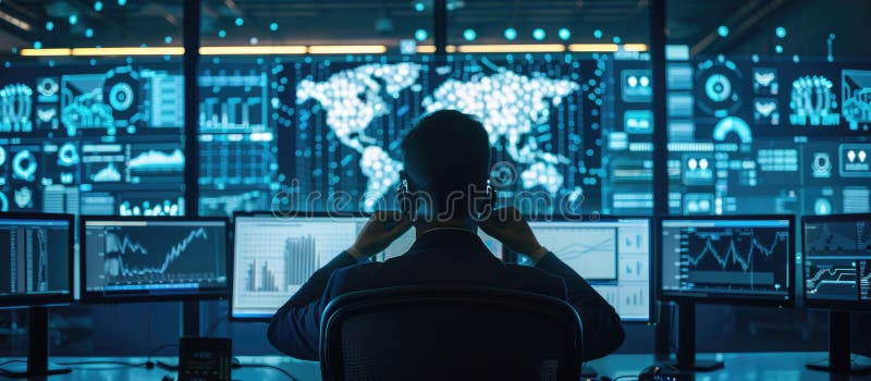 A Cyber Security Expert is Seen Working in a Hightech Control Room with ...