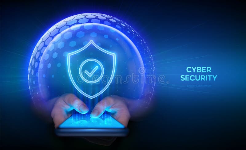 Cyber Security Concept. Shield with Keyhole Icon. Internet Bot and Cybersecurity. Abstract Robot ...