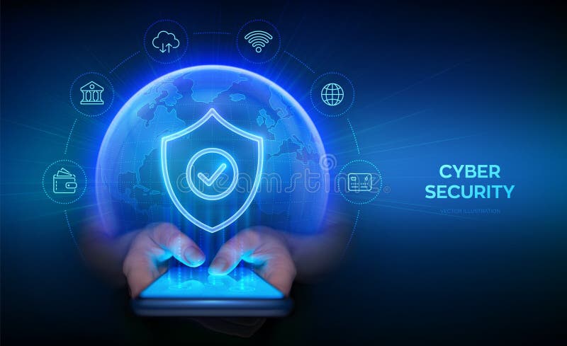 Cyber Security Concept. Shield with Keyhole Icon. Internet Bot and Cybersecurity. Abstract Robot ...