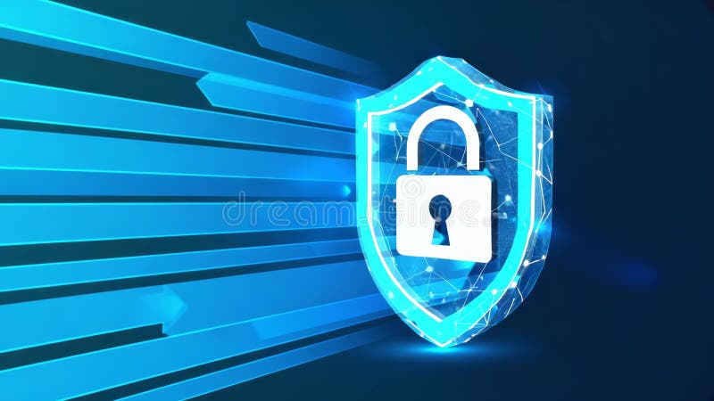 Cyber Security Shield with Padlock Icon, Blue Arrows on Dark Background Stock Video - Video of ...