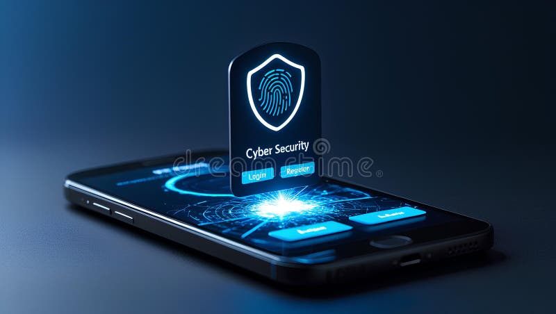 Cyber Security Smartphone Screenshot: Protective Shield with Fingerprint To Illustrate Data ...