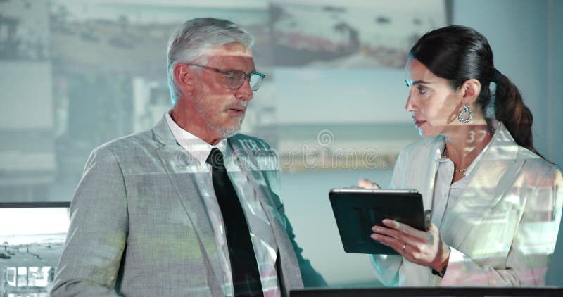 Cyber Security, Surveillance and Government Tablet in Control Room with Strategy and Command ...