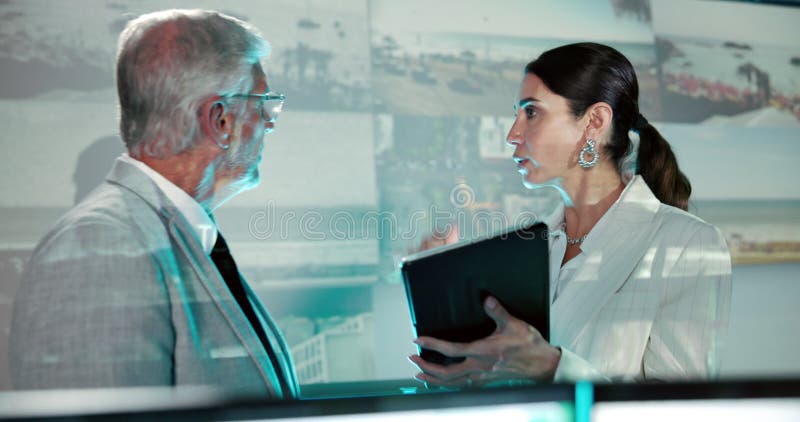 Cyber Security, Surveillance and Government Tech in Control Room with Work and Command Center ...