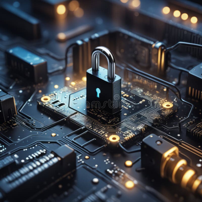Cyber Security System Concept with Computer Lock on Circuit Board. 3d ...