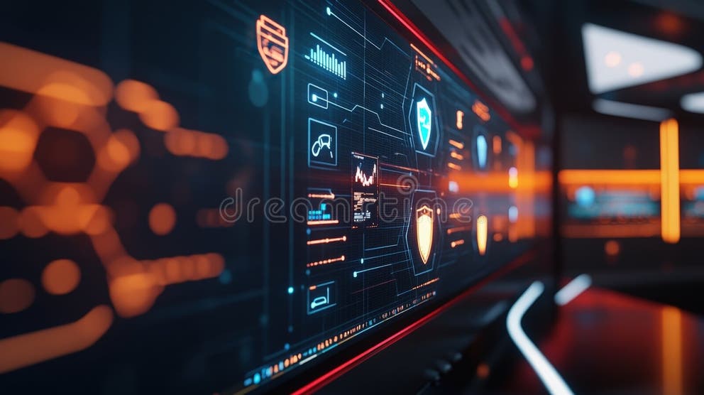 Cyber Security System Monitoring User Data on Futuristic Computer Screen Displaying Charts and ...