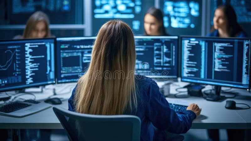 Cyber Security Team: Blonde Woman Analyzing Code on Multiple Monitors in Dark Room Stock Image ...