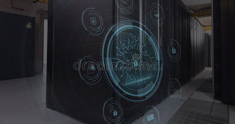 Cyber Security Text Over Round Scanner Against Empty Computer Server Room Stock Photo - Image of ...