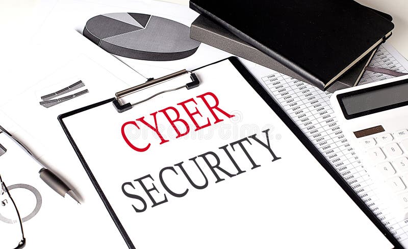 CYBER SECURITY Text on Paper Clipboard with Chart and Notebook on Withe ...