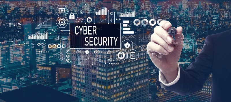 Cyber Security Theme with Businessman in City at Night Stock Image ...