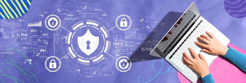 Cyber Security Theme with Person Using a Laptop Stock Illustration ...