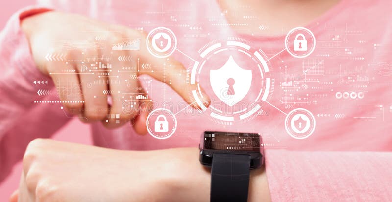 Cyber Security Theme with Woman Pressing Smart Watch Stock Photo ...