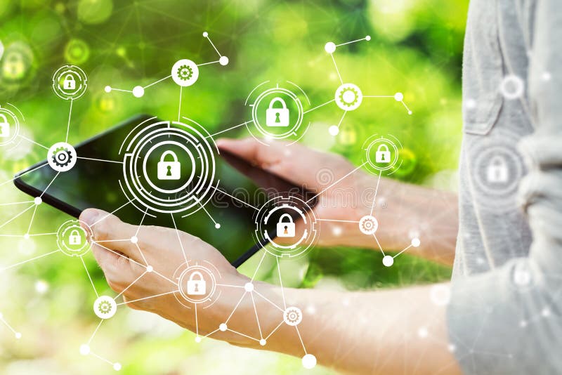 Cyber Security Theme with Man Holding His Tablet Stock Image - Image of ...