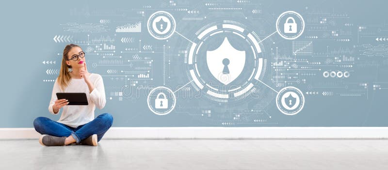 Cyber Security Theme with Young Woman Using a Tablet Stock Image ...