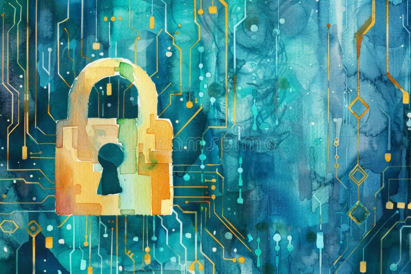 Cyber Security Themes Illustrated in Watercolor. Stock Illustration ...