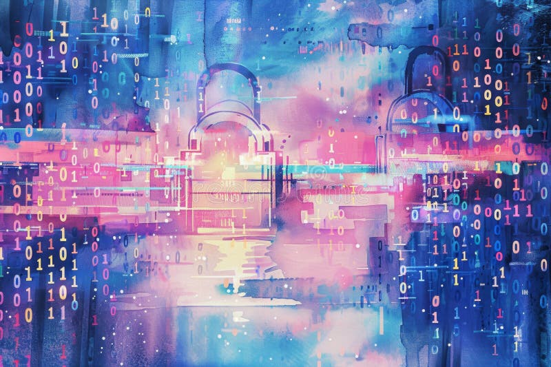 Cyber Security Themes Illustrated in Watercolor. Stock Illustration ...