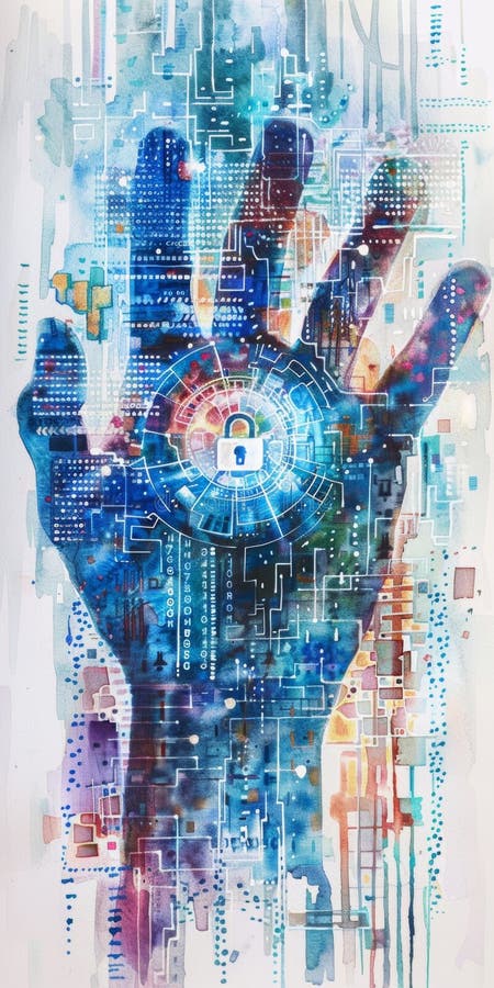 Cyber Security Themes Represented in Watercolor. Stock Illustration ...