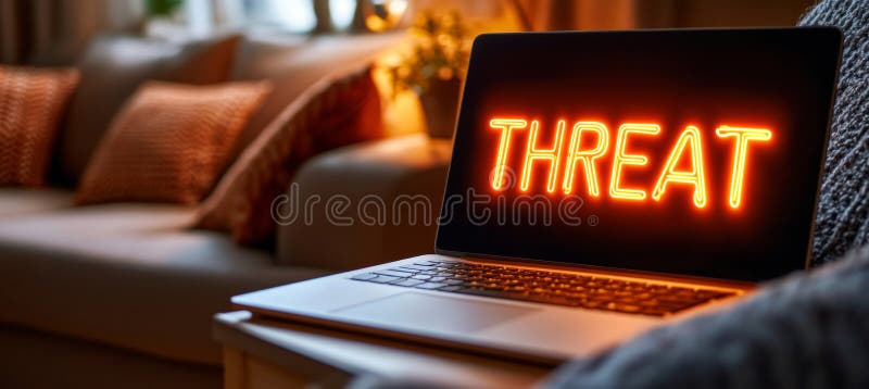 Cyber Security Threat with Laptop Display Showing Neon Threat Sign in ...