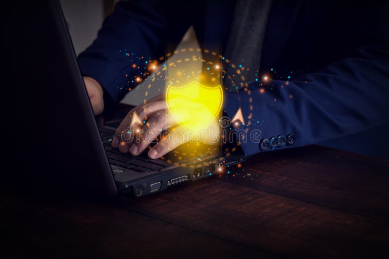 Cyber Security while Using Computer, Digital Shield Symbol on Screen ...