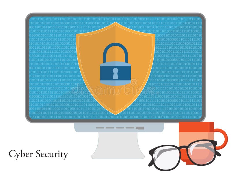 Cyber Security Vector Illustration with Computer Screen and Padluok ...
