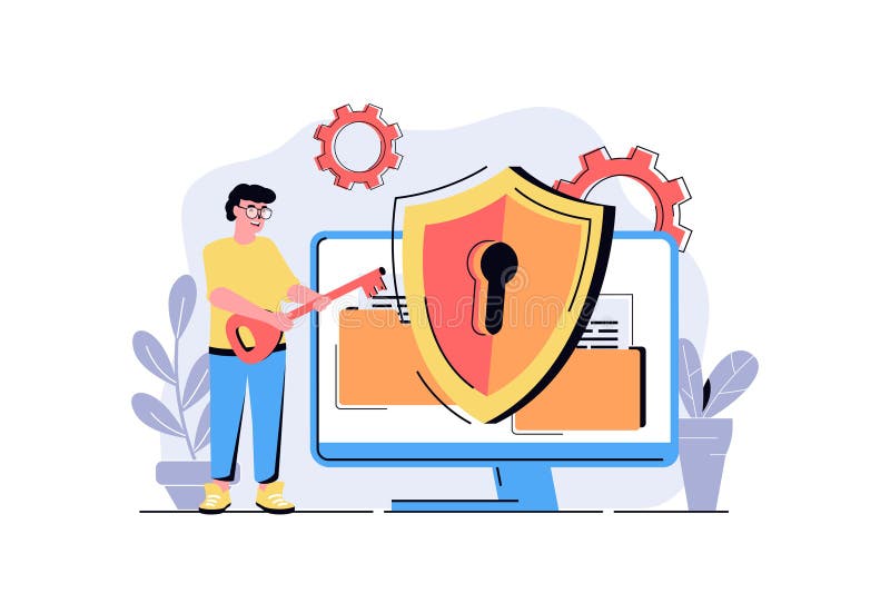 Cyber Security Web Concept with Cartoon People Design. Man Using Online Protection System for ...