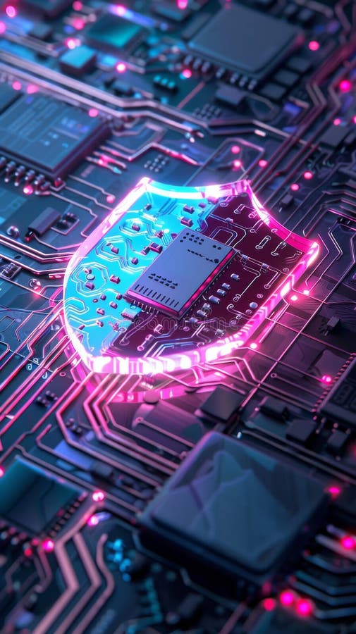 Cyber Shield on Circuit Board with Neon Lights, Cybersecurity Concept ...