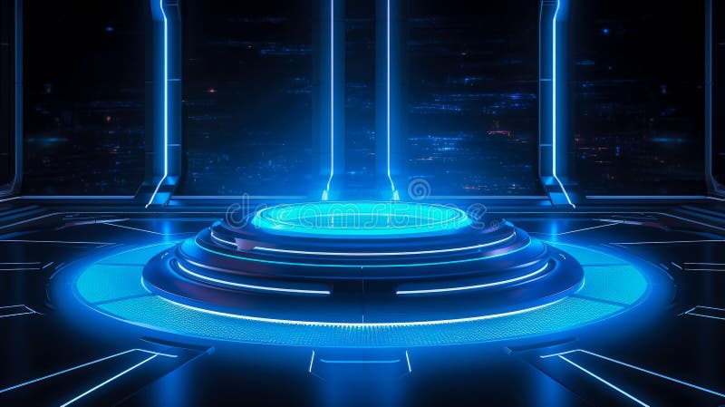 Cyber Space Scene with Neon Lights and a Pedestal Stock Illustration ...