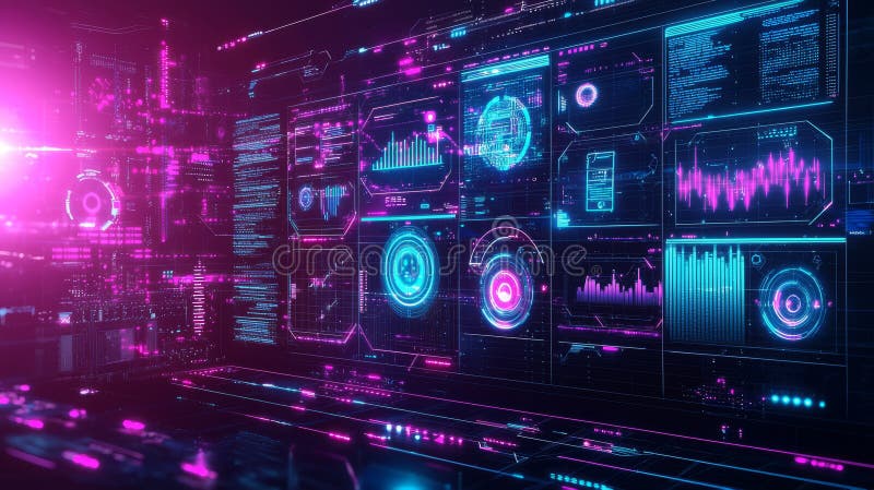 Cyber Tech Background, with Glowing Interface Panels and Neon Purple ...