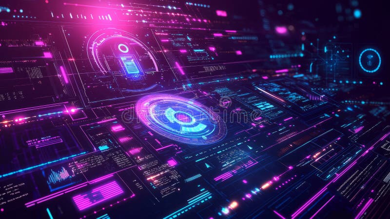 Cyber Tech Background, with Glowing Interface Panels and Neon Purple ...