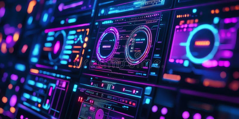 Cyber Tech Background, with Glowing Interface Panels and Neon Purple ...