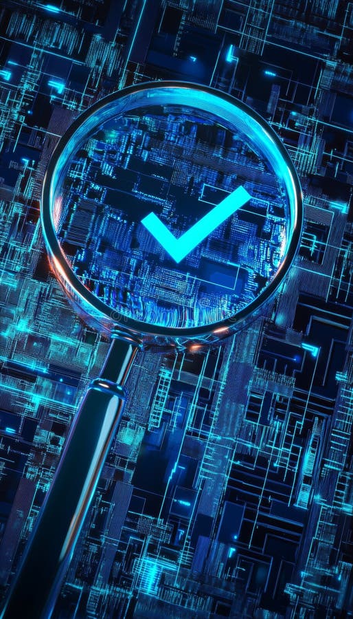 Cyber Themed Background with Magnifying Glass and Blue Check Mark for ...
