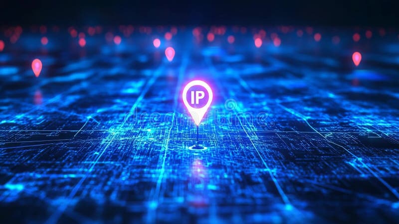 Digital Network Map with Glowing Pink IP Pin on Futuristic Blue Grid ...
