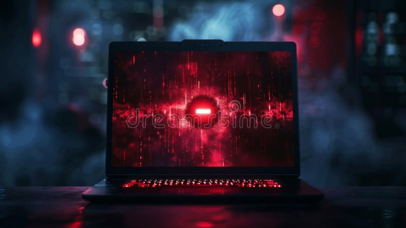 Cyber Threats Displayed on a Dark Laptop Screen with Red Digital ...