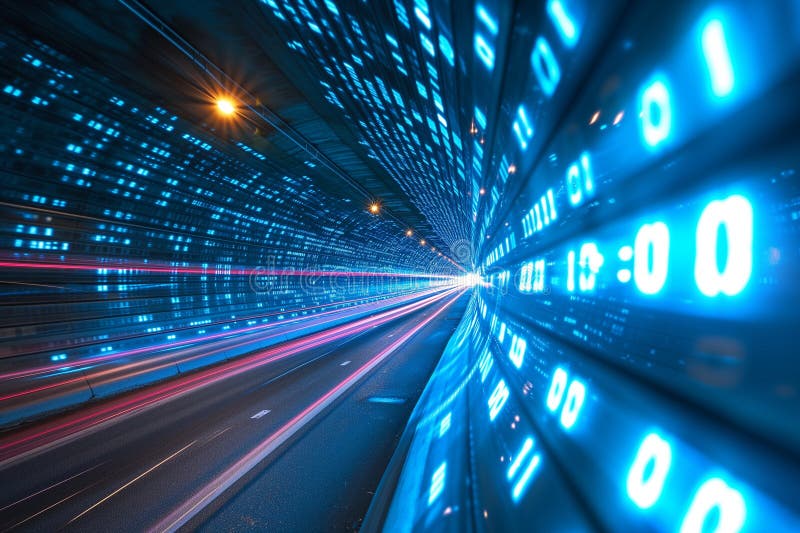 Cyber Tunnel with Binary Code and Dynamic Light Trails Stock ...