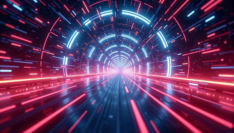 A Cyber Tunnel Extending into the Distance with Endless Light Trails ...