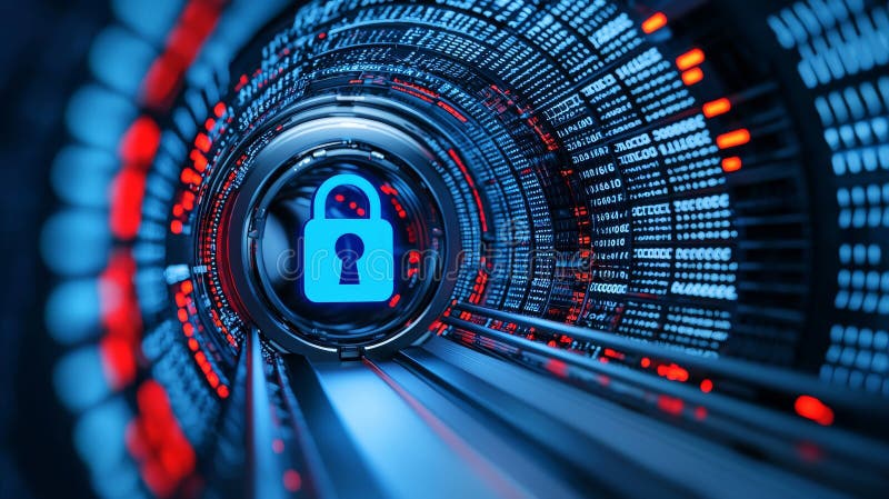 A Cyber Tunnel Featuring a Radiant Padlock at the End, Representing the ...