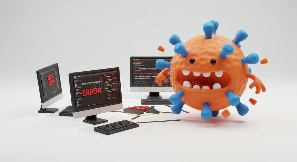 Cyber Virus Attack on Computers a Playful 3D Cartoon Virus Attacks Multiple Computers Displaying ...