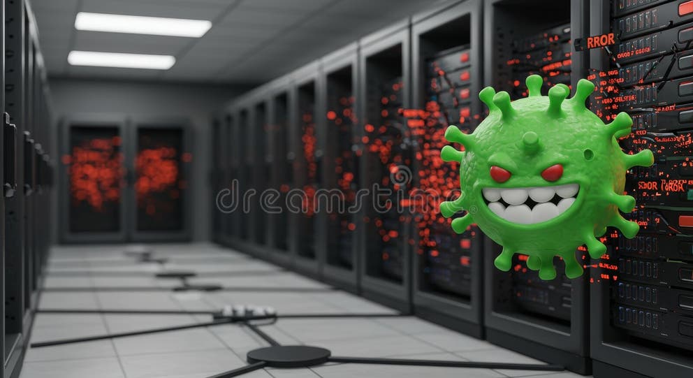 Cyber Virus Attack on Server Room a Menacing Cartoon Virus Attacks a ...