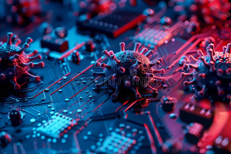 Cyber Virus Threat 3D Rendering of Coronavirus on a Circuit Board Stock ...