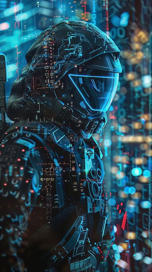 A Cyber Warrior in Full Digital Armor Standing Guard Over a Network ...