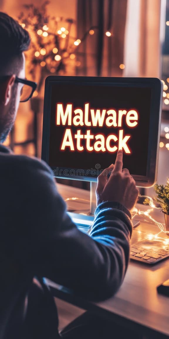 Cyberattack Awareness, Man Facing Malware Attack Alert on Computer ...