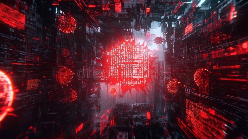 Cyberattack Concept with Binary Virus Code, Glitch Effects, and Warning ...
