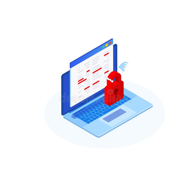 Cyberattack Concept. Isometric Computer with a Red Broken Lock. Modern ...