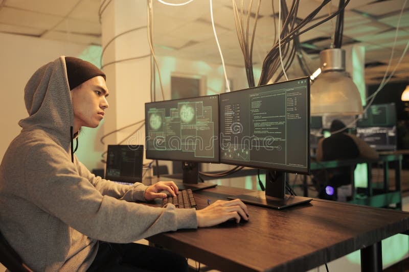 Cybercrime Asian Hacker Coding Computer Worm Program Data Breach Stock Image Image Of 0831