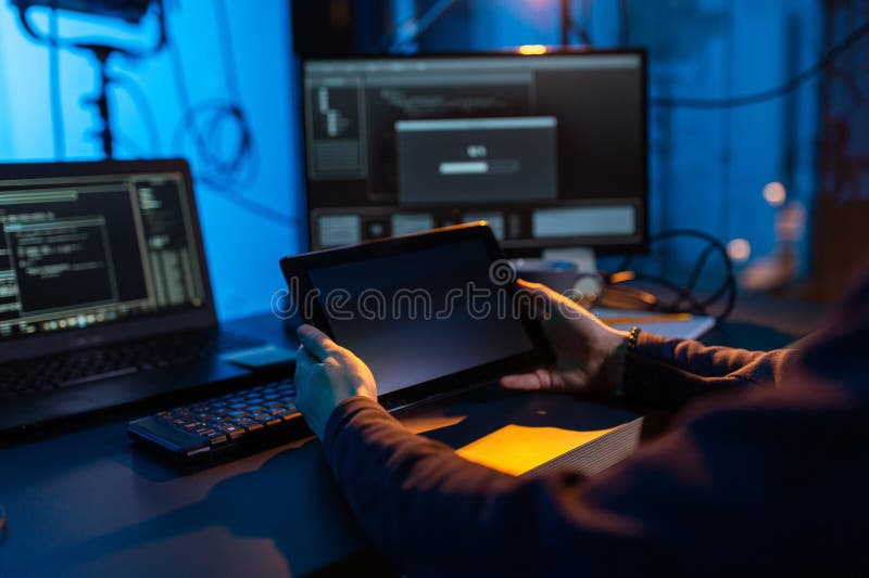 Hacker Using Tablet Pc Computer for Cyber Attack Stock Photo - Image of ...