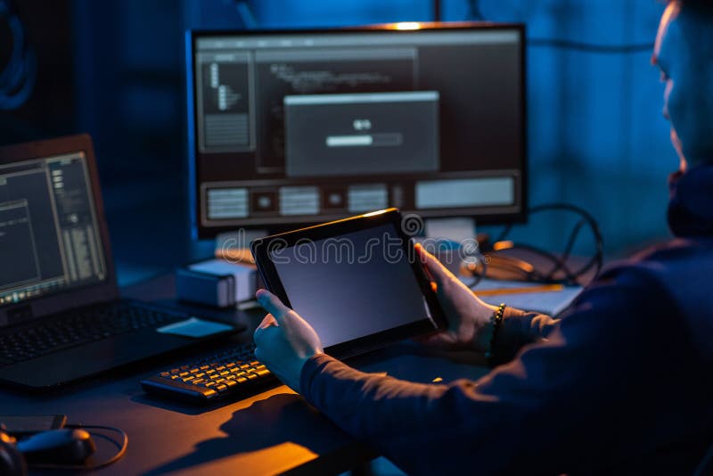 Hacker Using Tablet Pc Computer for Cyber Attack Stock Photo - Image of ...