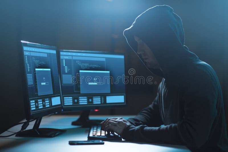 Hacker with Progress Bar on Laptop in Dark Room Stock Photo - Image of ...