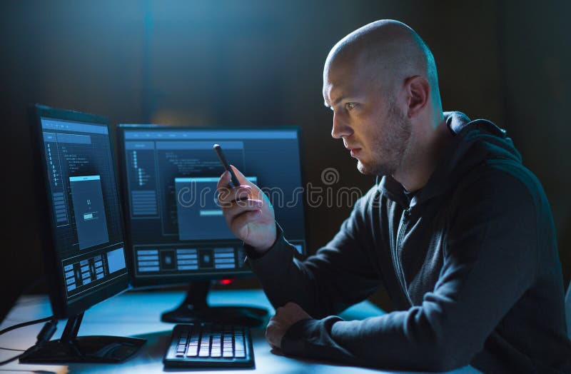 Hacker with Progress Bar on Laptop in Dark Room Stock Photo - Image of ...